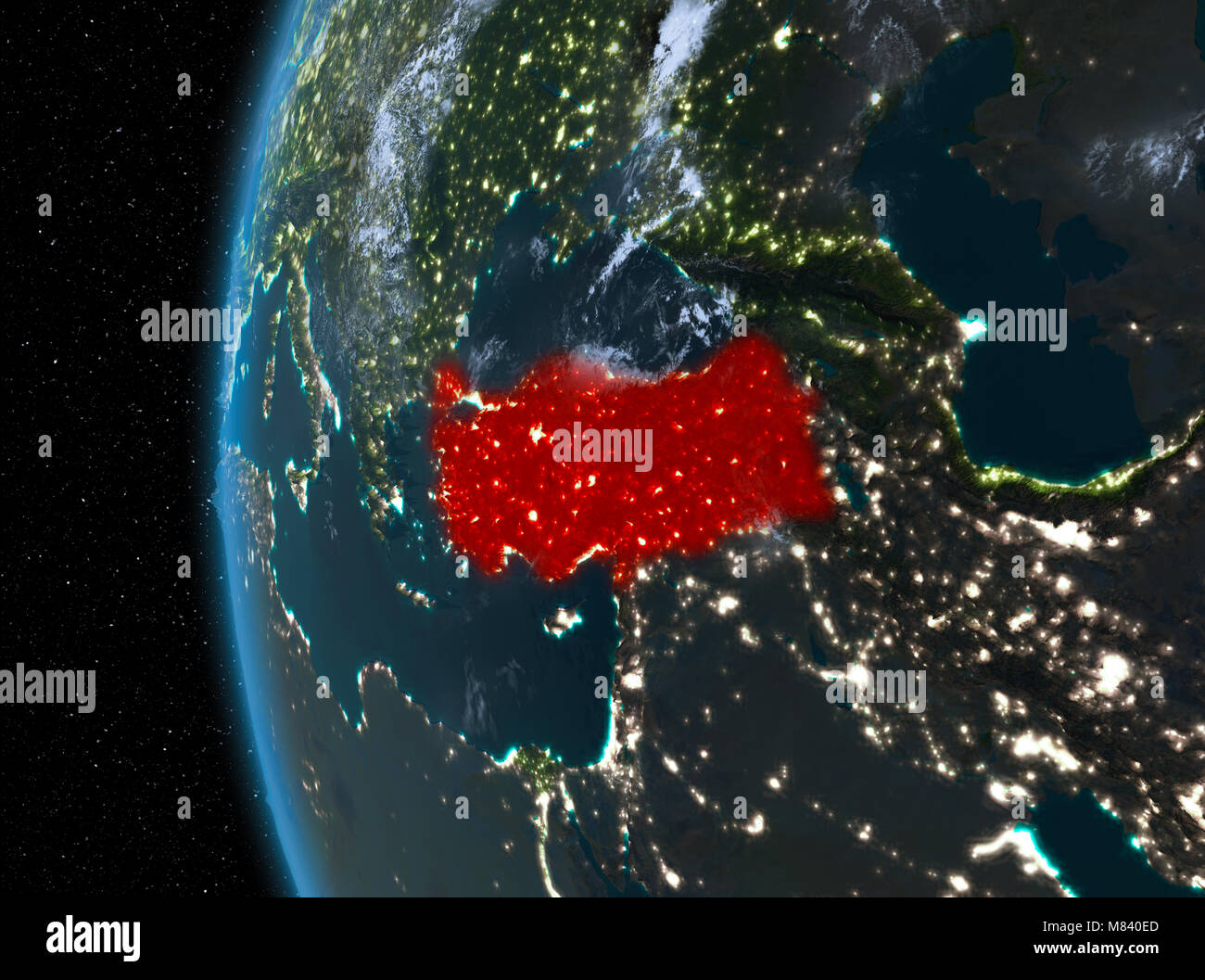 Night map of Turkey as seen from space on planet Earth. 3D illustration ...