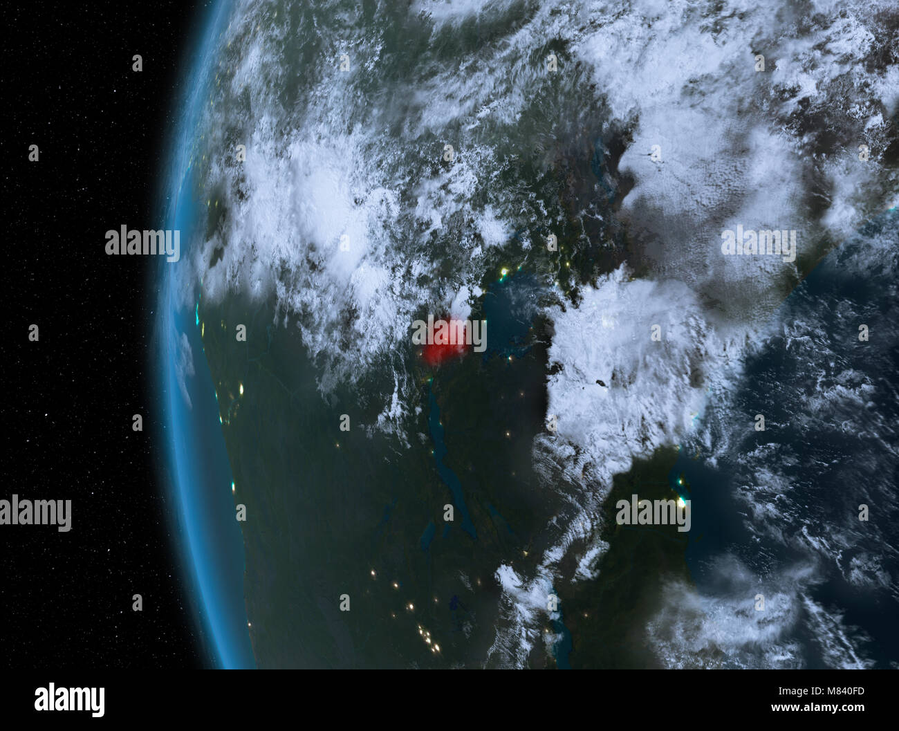Night map of Rwanda as seen from space on planet Earth. 3D illustration ...