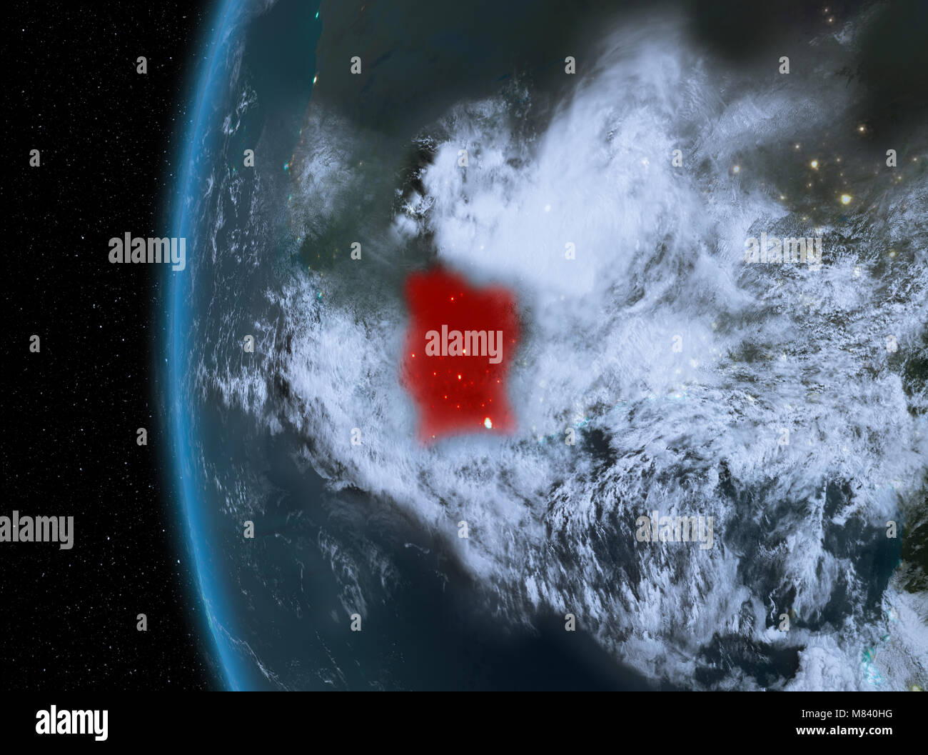 Night map of Ivory Coast as seen from space on planet Earth. 3D ...