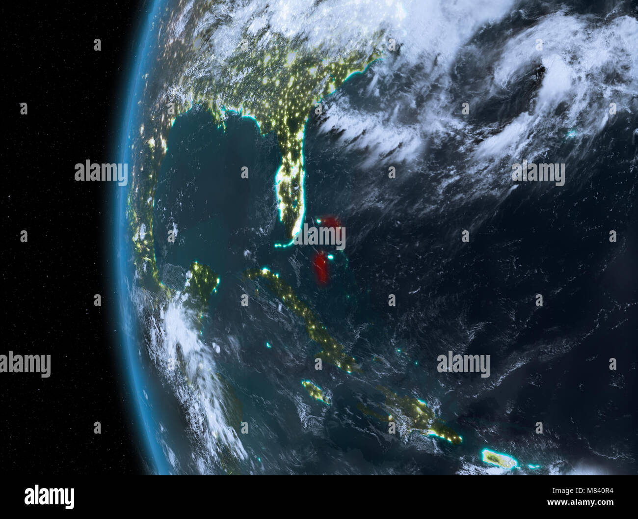 Night map of Bahamas as seen from space on planet Earth. 3D ...