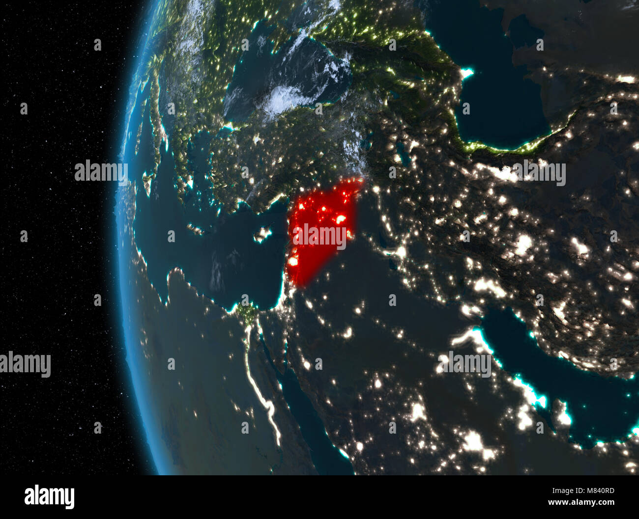 Night map of Syria as seen from space on planet Earth. 3D illustration ...