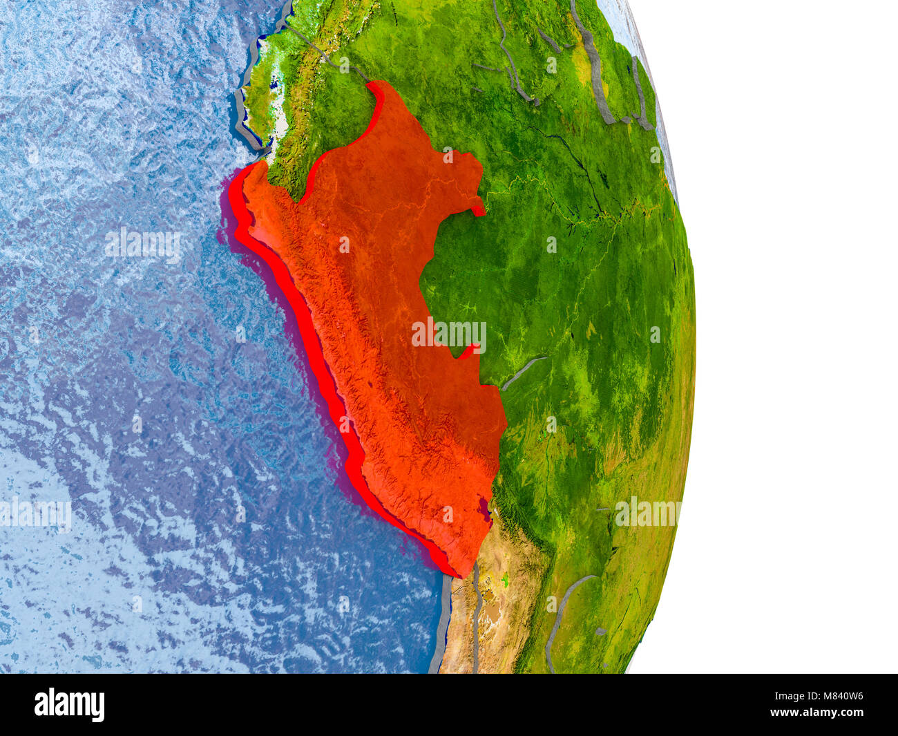 Peru in red on model of globe with embossed countries and realistic ...