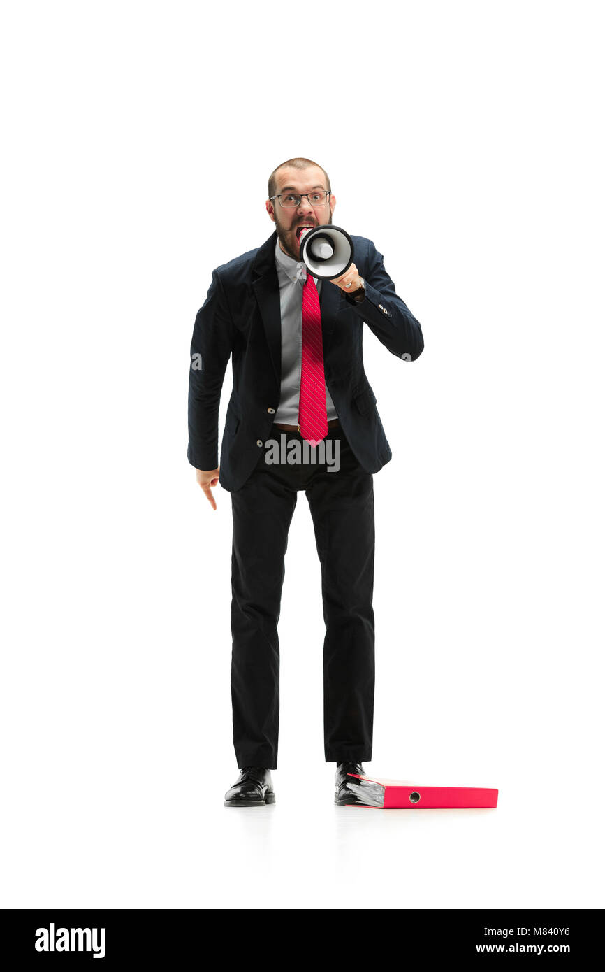 Front view of a man screaming on the megaphone over white background ...