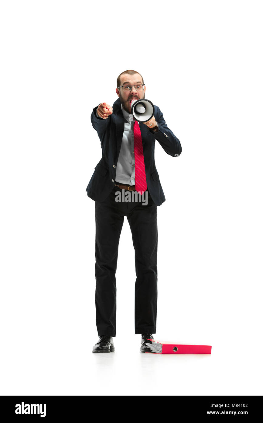 Front view of a man screaming on the megaphone over white background ...