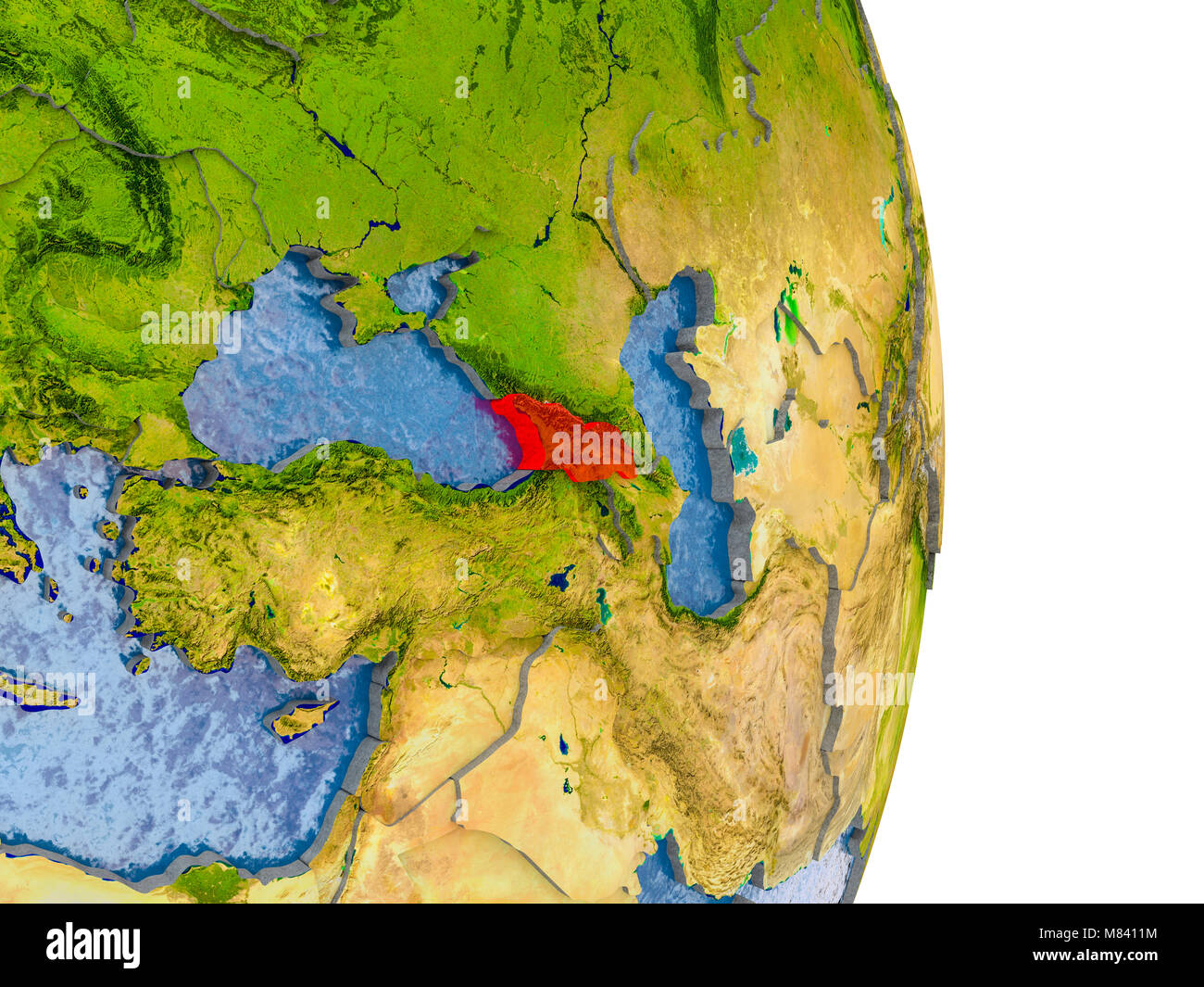 Georgia in red on model of globe with embossed countries and realistic ...