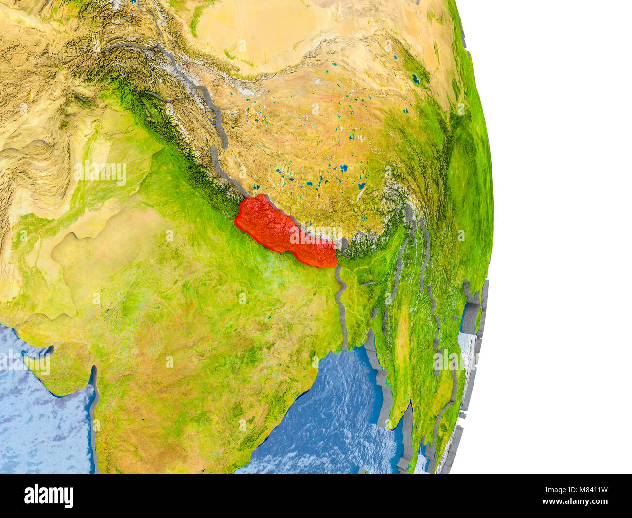Nepal in red on model of globe with embossed countries and realistic ...