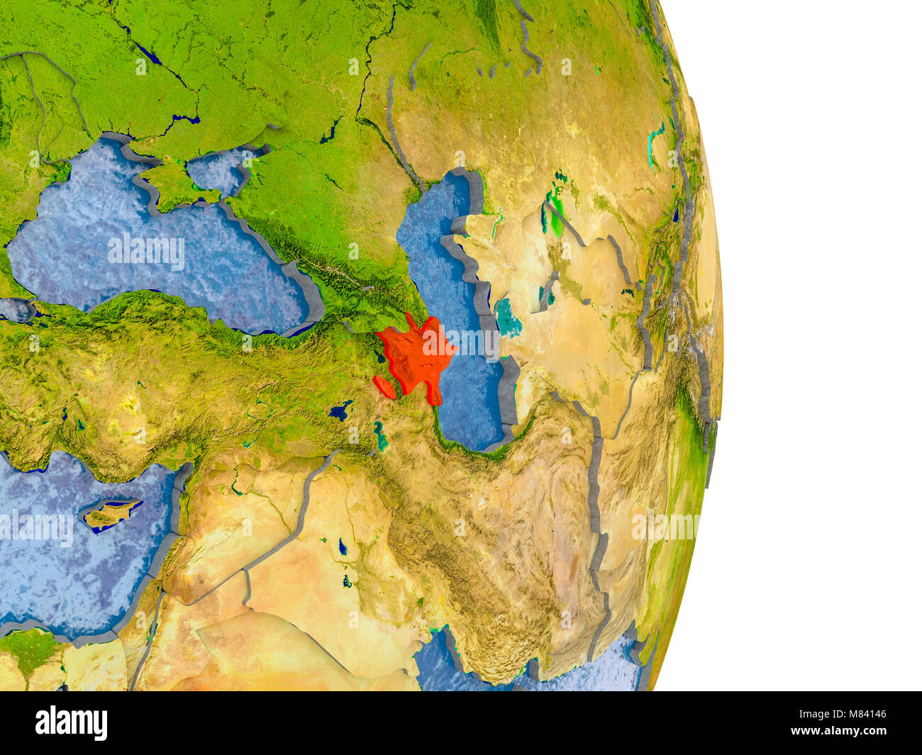 Azerbaijan in red on model of globe with embossed countries and ...