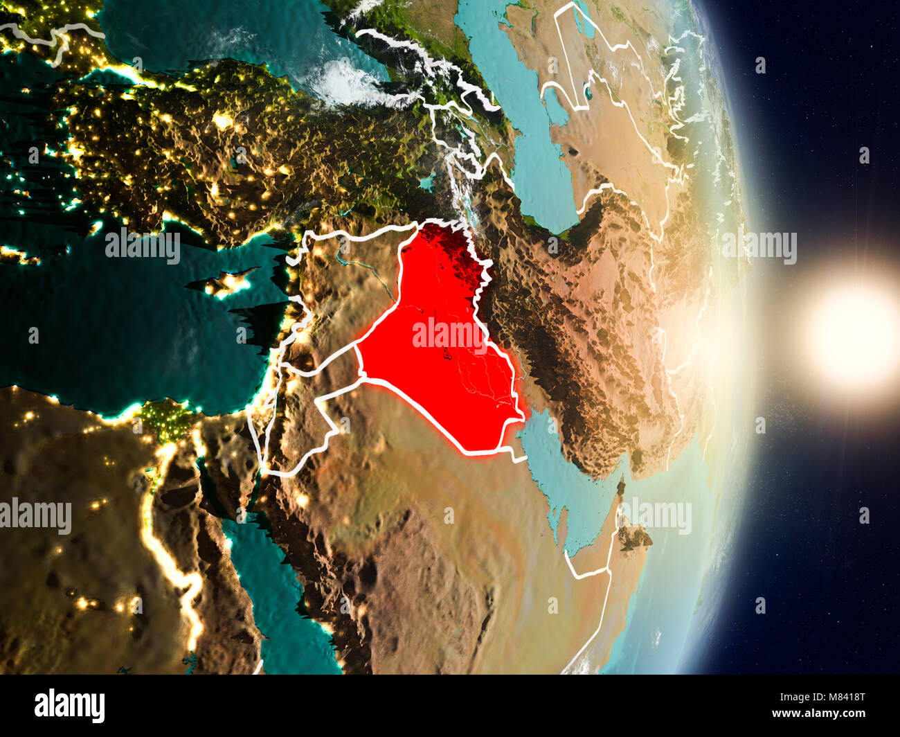 Iraq during sunrise highlighted in red on planet Earth with visible ...