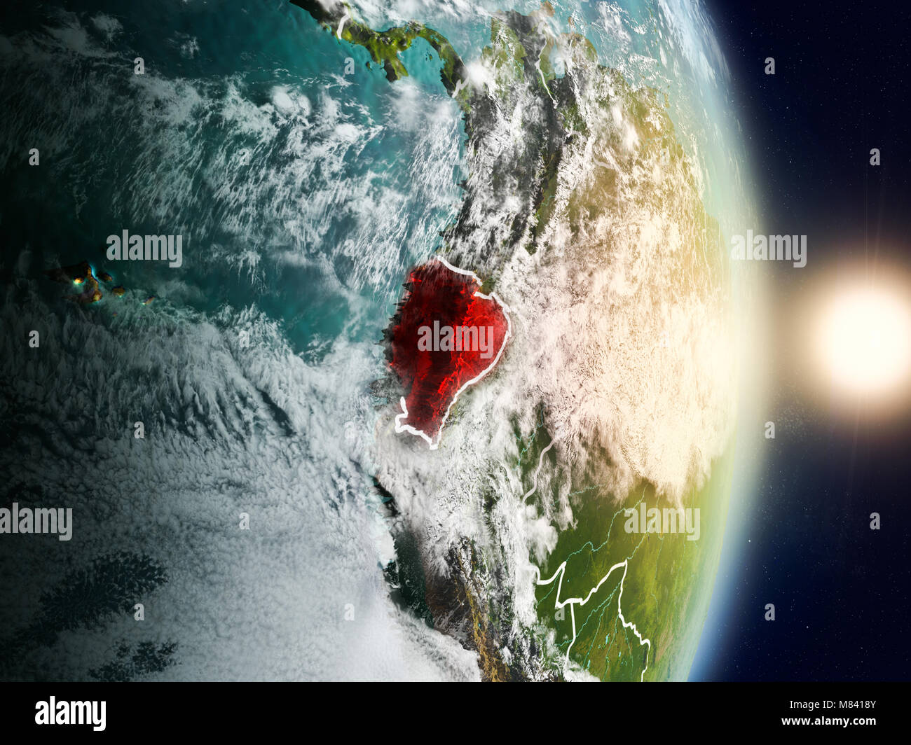 Ecuador during sunrise highlighted in red on planet Earth with visible country borders. 3D ...