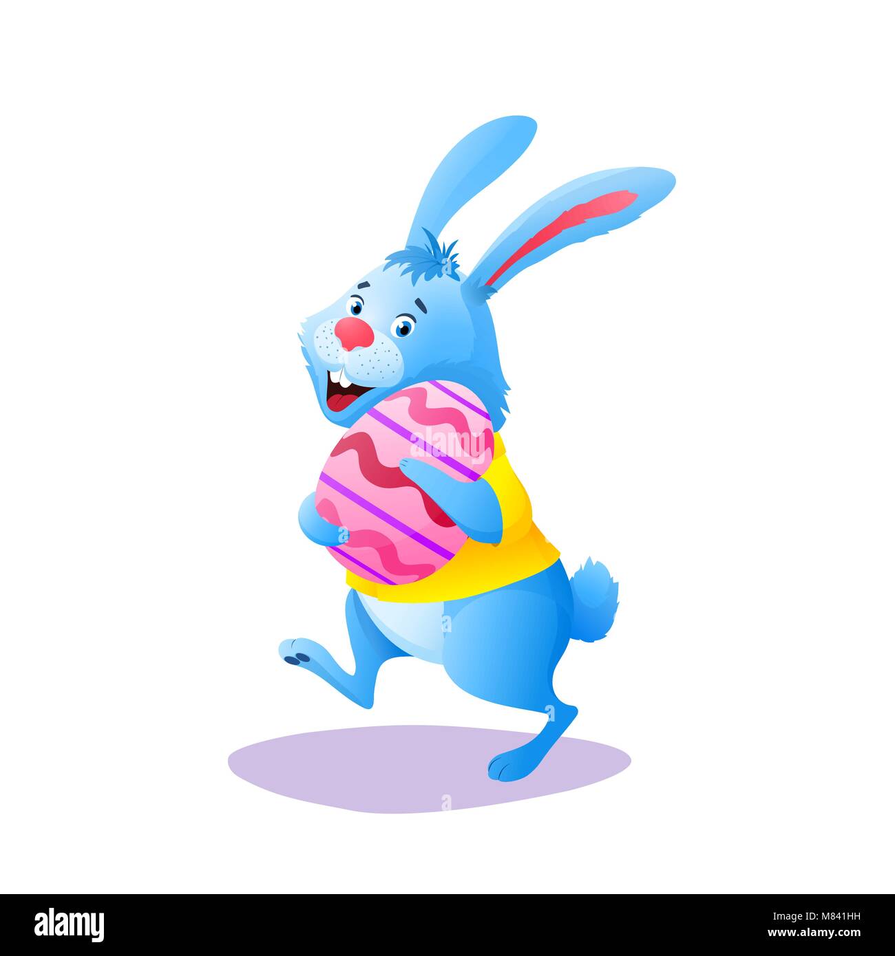 Blue cartoon Easter rabbit running with paschal egg isolated on white ...