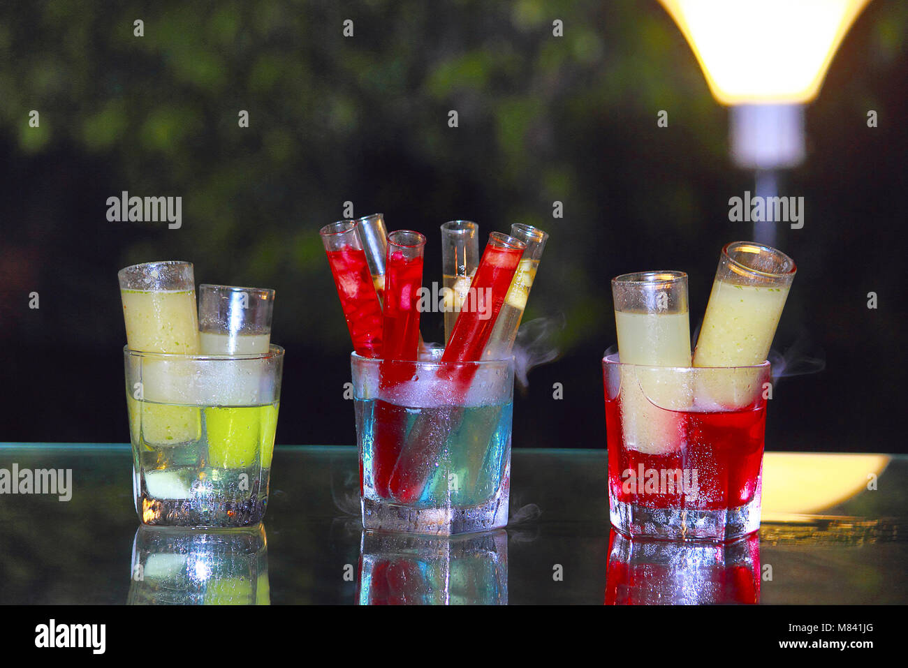Close-Up Of drinks in test tubes and long glasses Stock Photo - Alamy