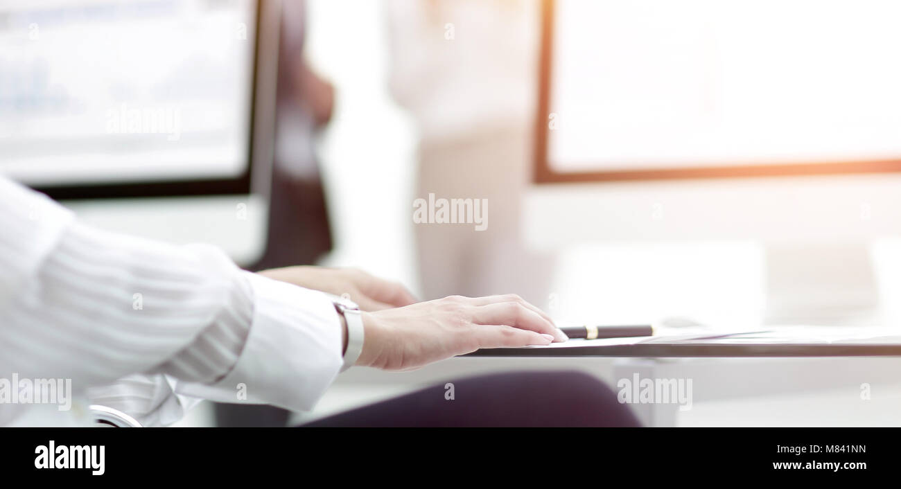 close-up of a work desk in a modern office. business concept Stock ...