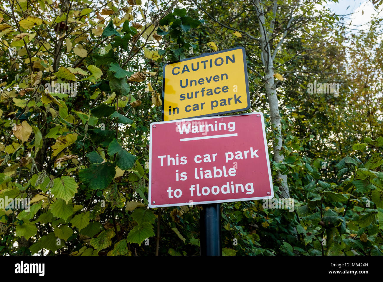 Flood warning sign at a car park, UK Stock Photo - Alamy