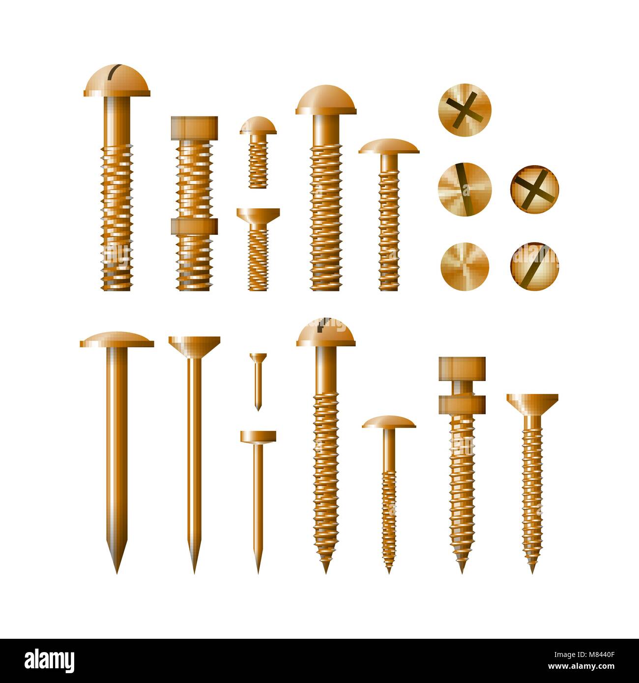 Set of fasteners Golden color vector illustration. A collection of ...
