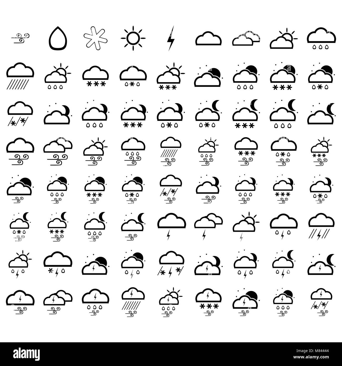 Vector weather icons set. Black and white outline meteorology sign ...