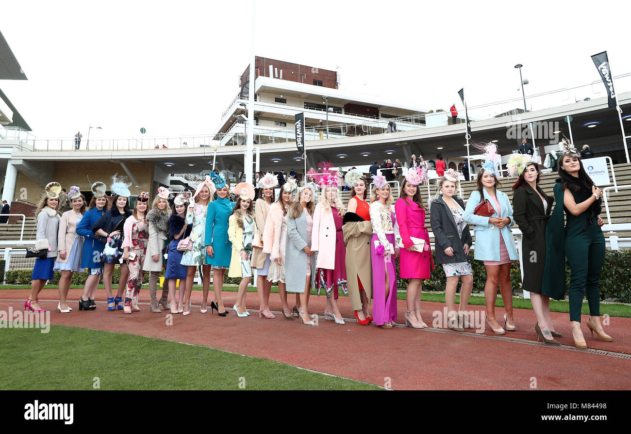 Female racegoers takes part in the Miss Cheltenham finalists line up ...