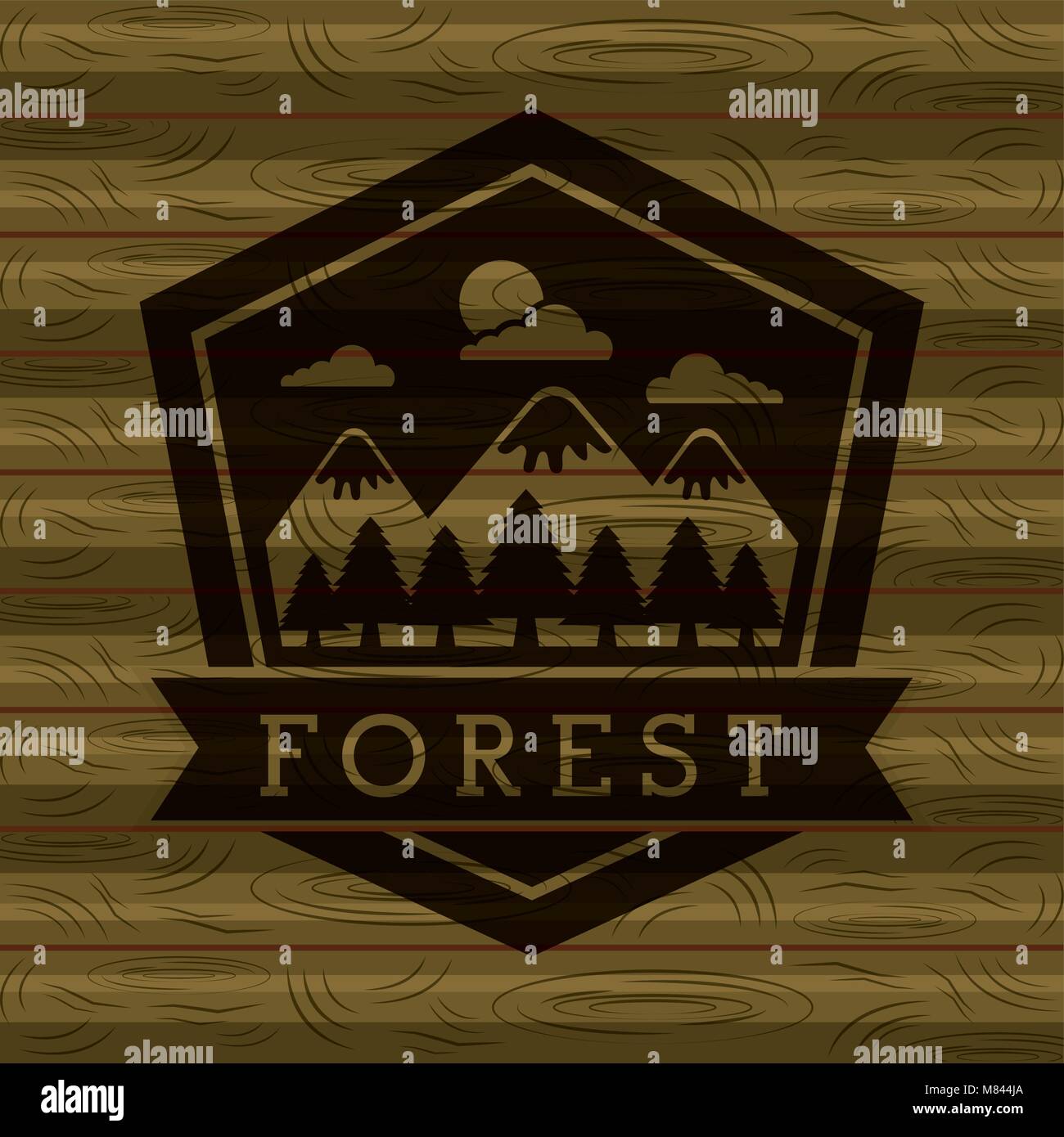 forest outdoor camp moountains trees label wooden background vector ...