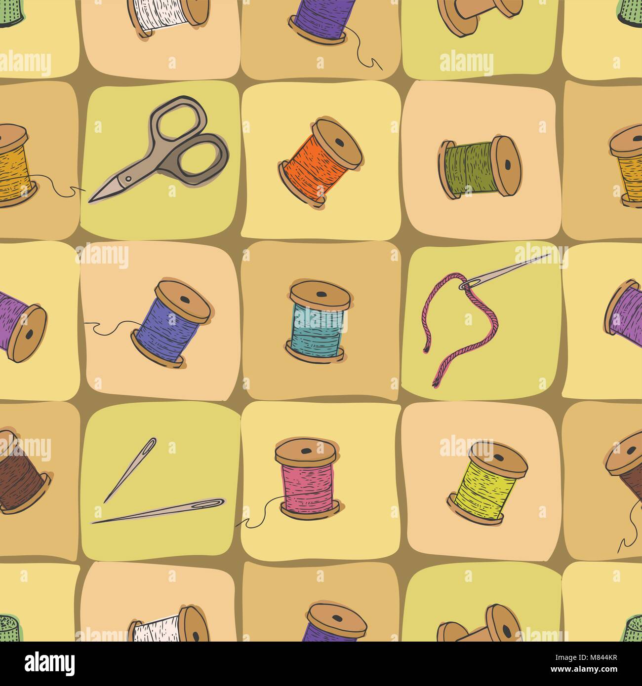 Seamless pattern with sewing tools. Needle and scissors vector ...