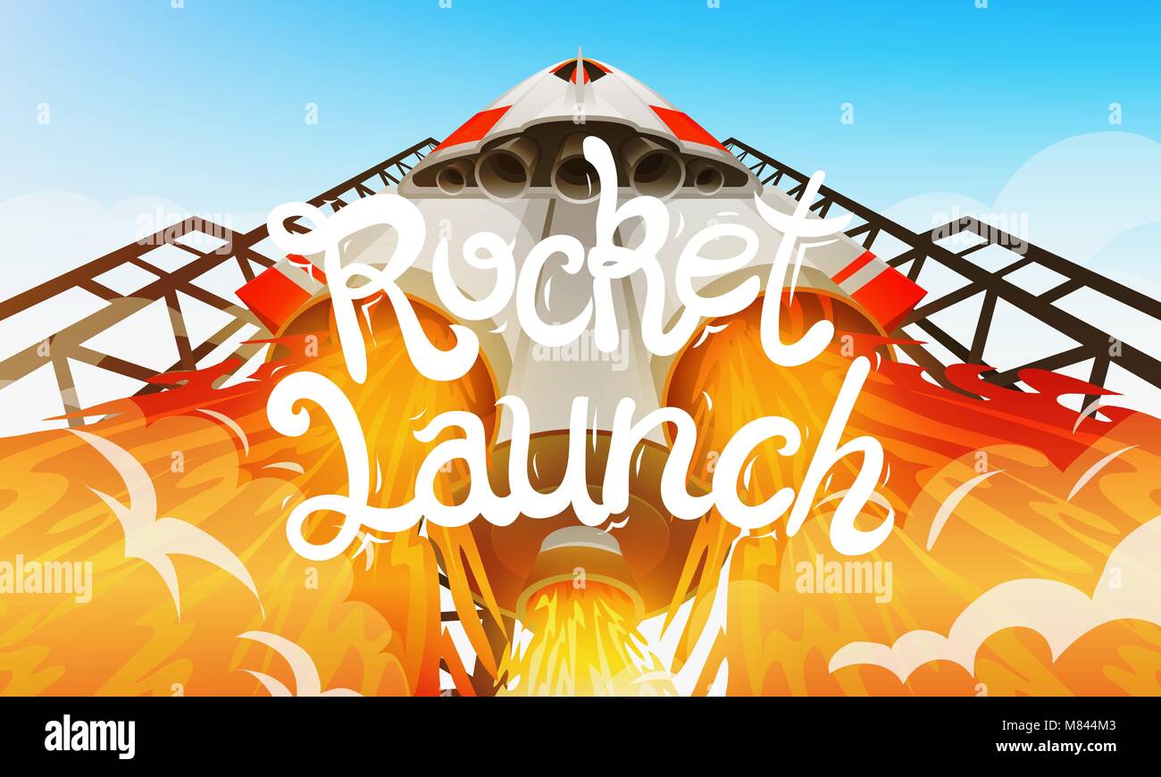 Rocket launch. International spaceship, shuttle in space, bottom view ...