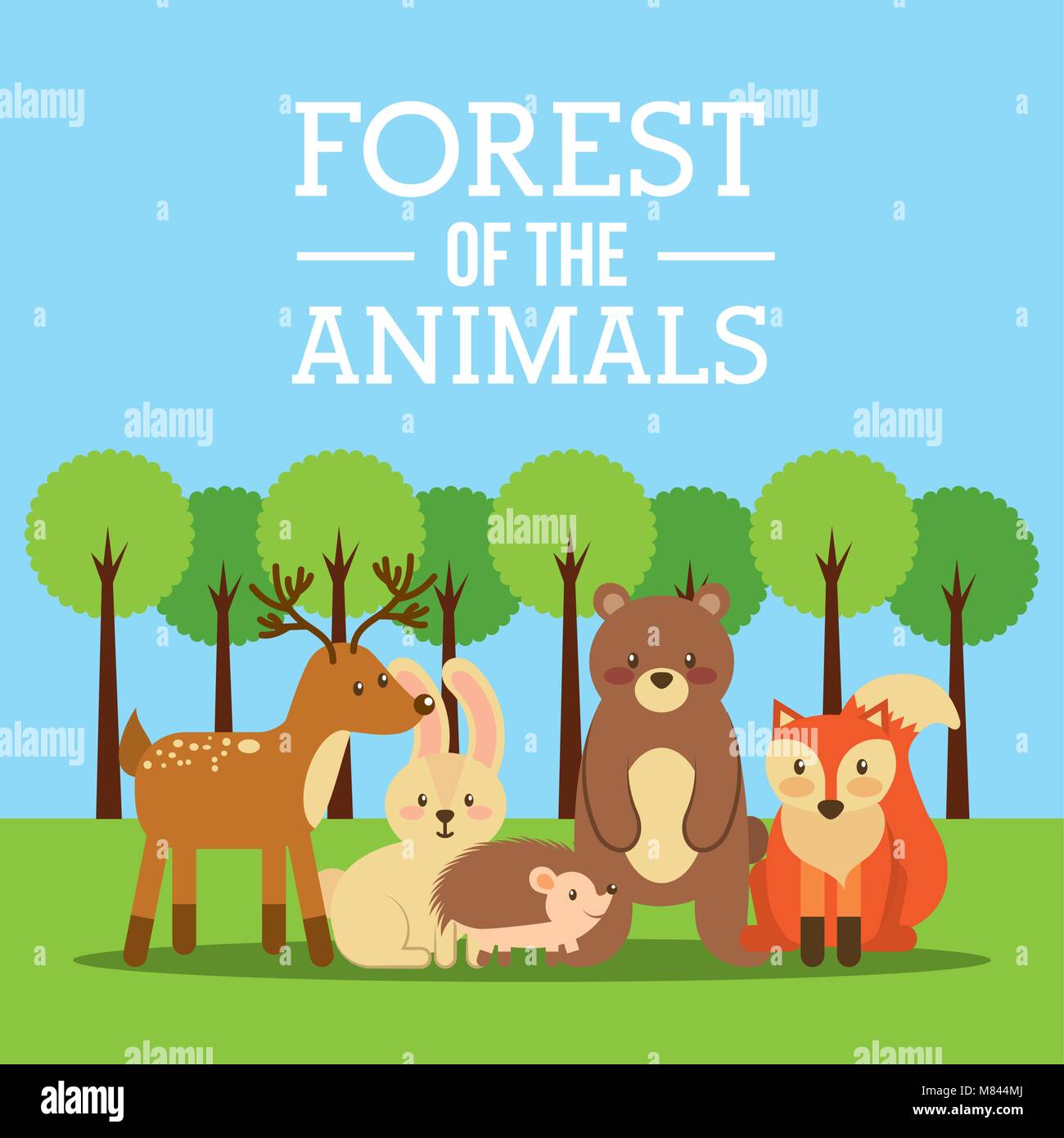 forest of the animals bear deer fox bunny hedgehog vector illustration ...