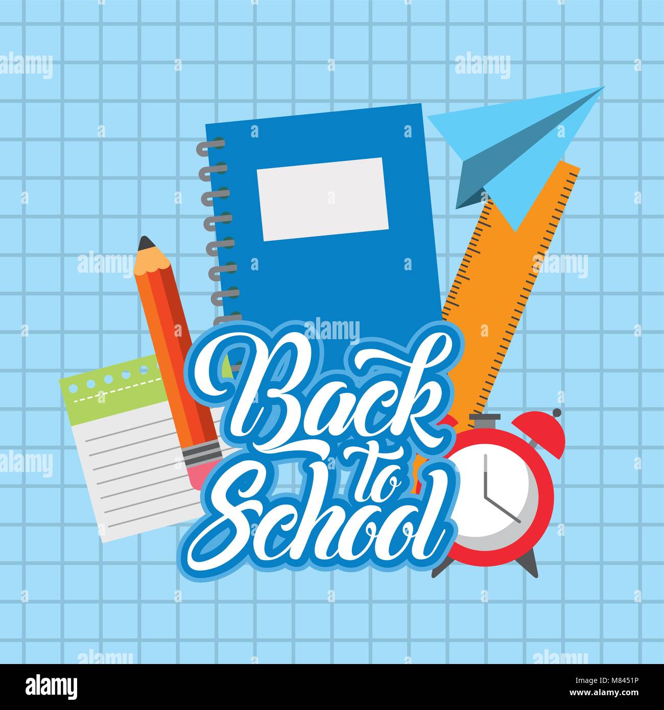 back to school clock notebook pencil ruler supplies vector illustration ...