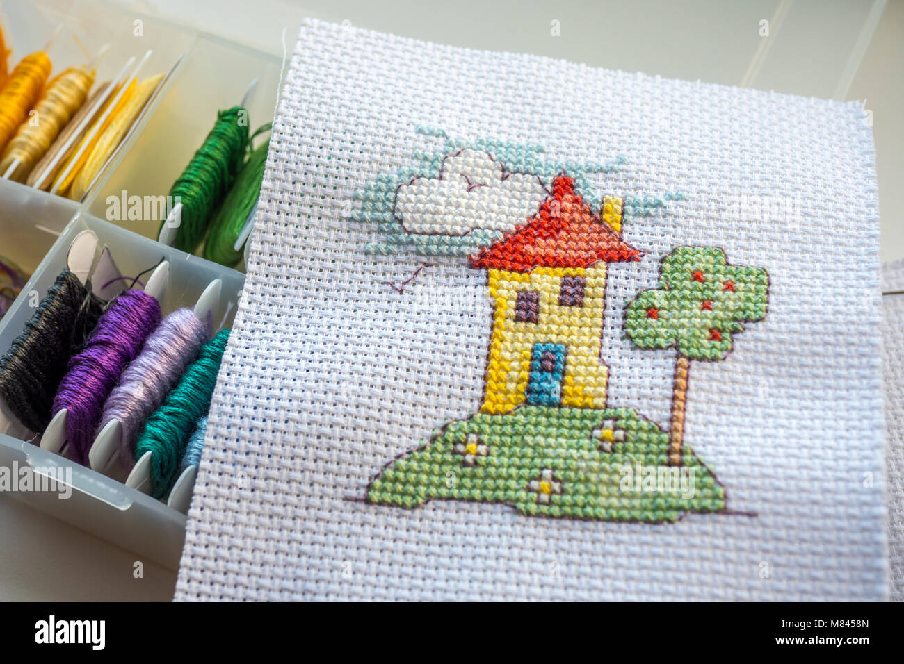 Embroidery Threads for cross stitch in a storage box with completed ...