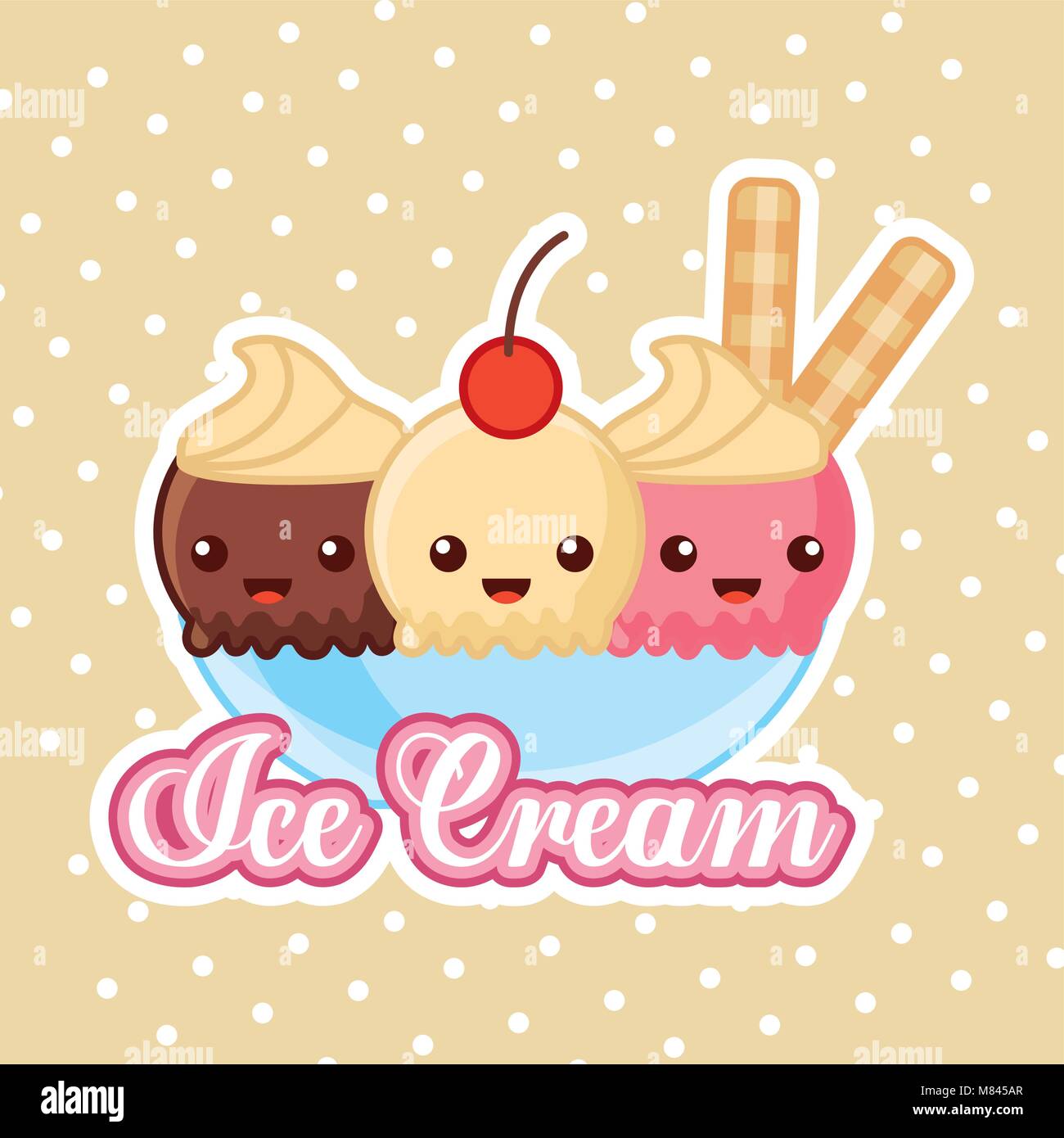 ice cream kawaii three flavors cherry delicious vector illustration ...