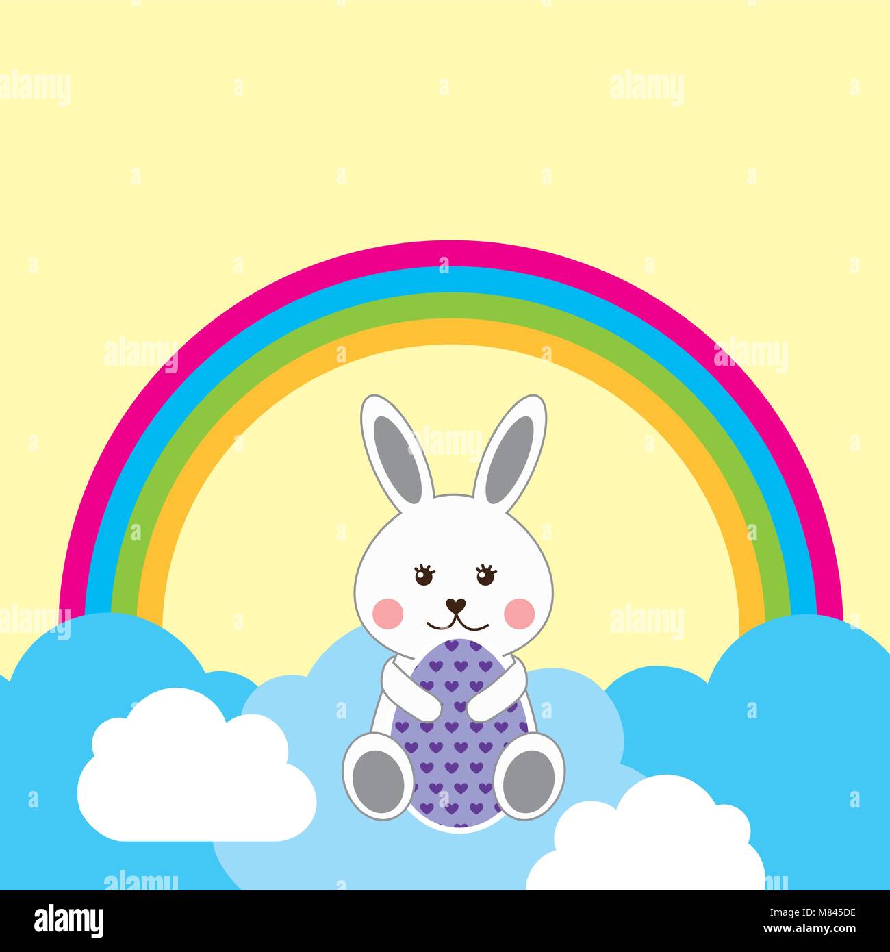 cute rabbit sitting in clouds decorative egg and rainbow vector ...