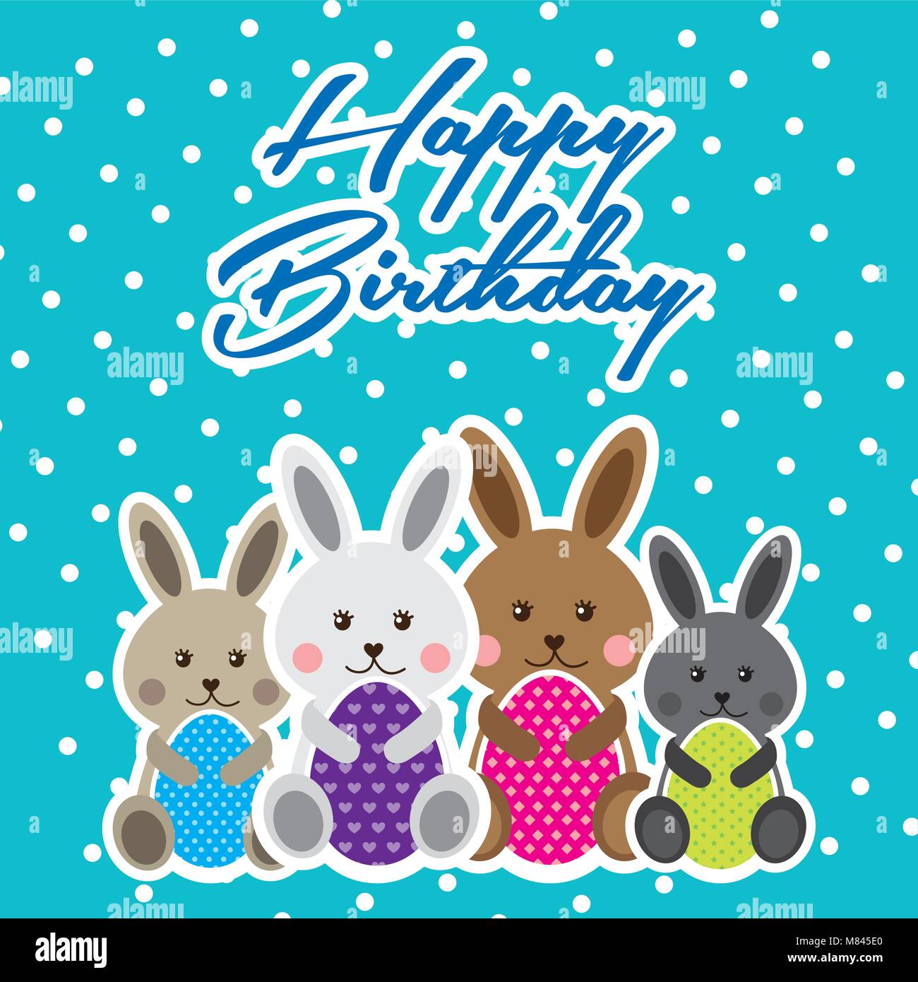 happy birthday card cute rabbits sitting holding easter eggs vector ...
