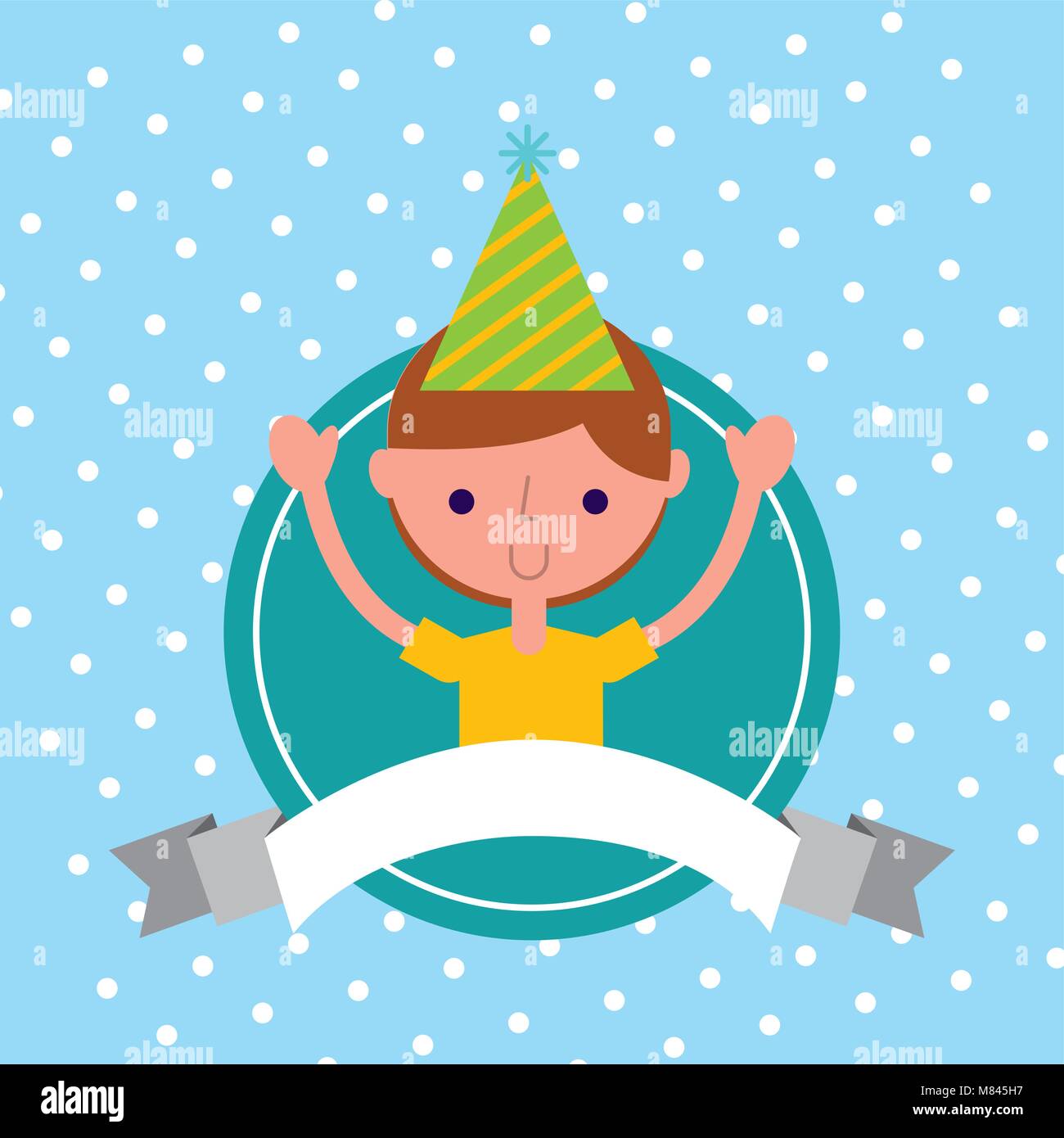 portrait cute little boy in label ribbon decoration vector illustration ...