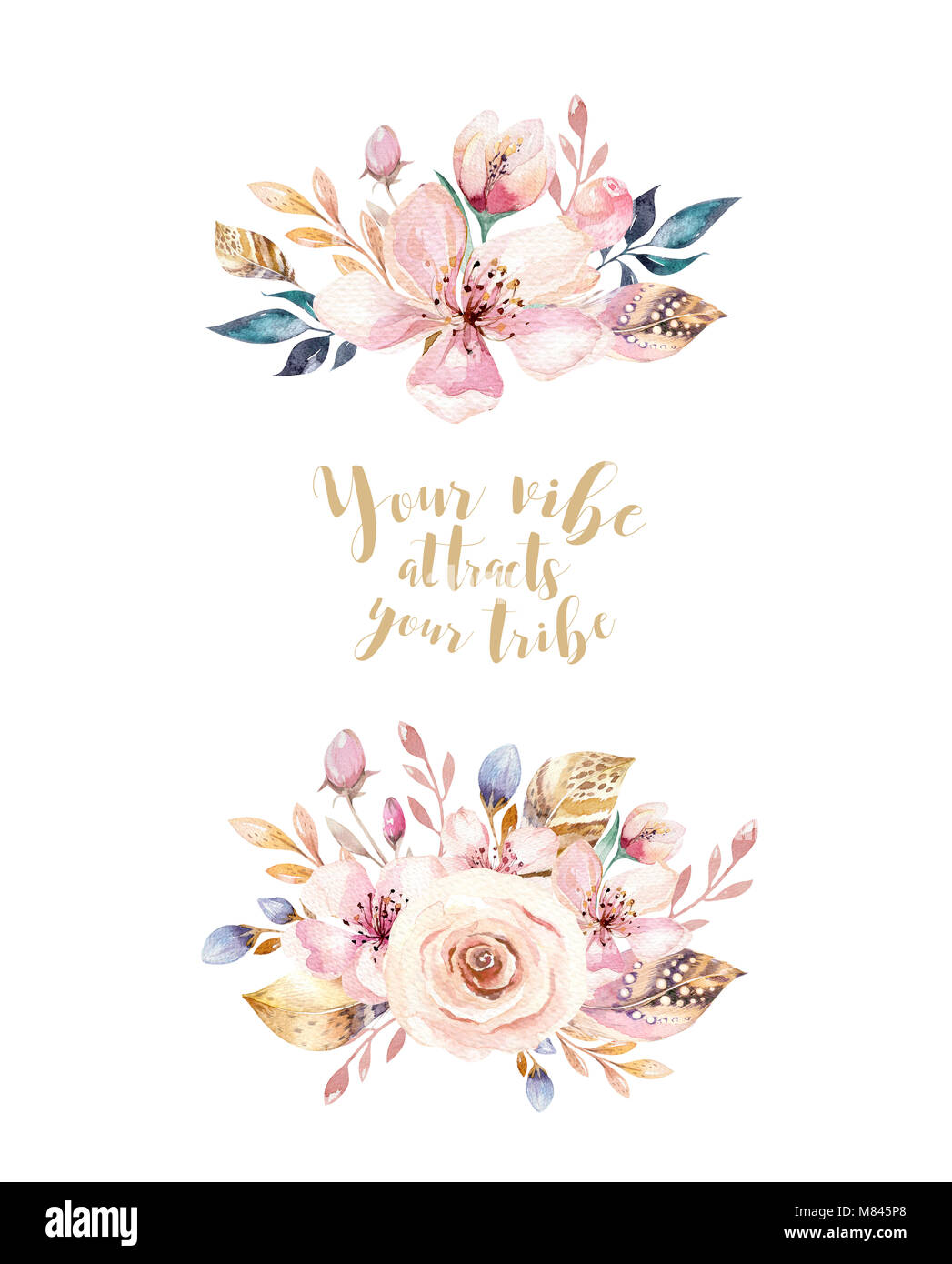 Vintage watercolor wreath elements of flowers poster, garden and wild ...