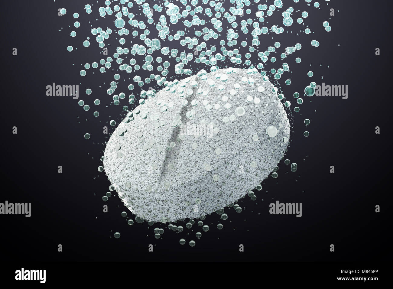 Effervescent soluble tablet pill in water on dark background. 3D ...