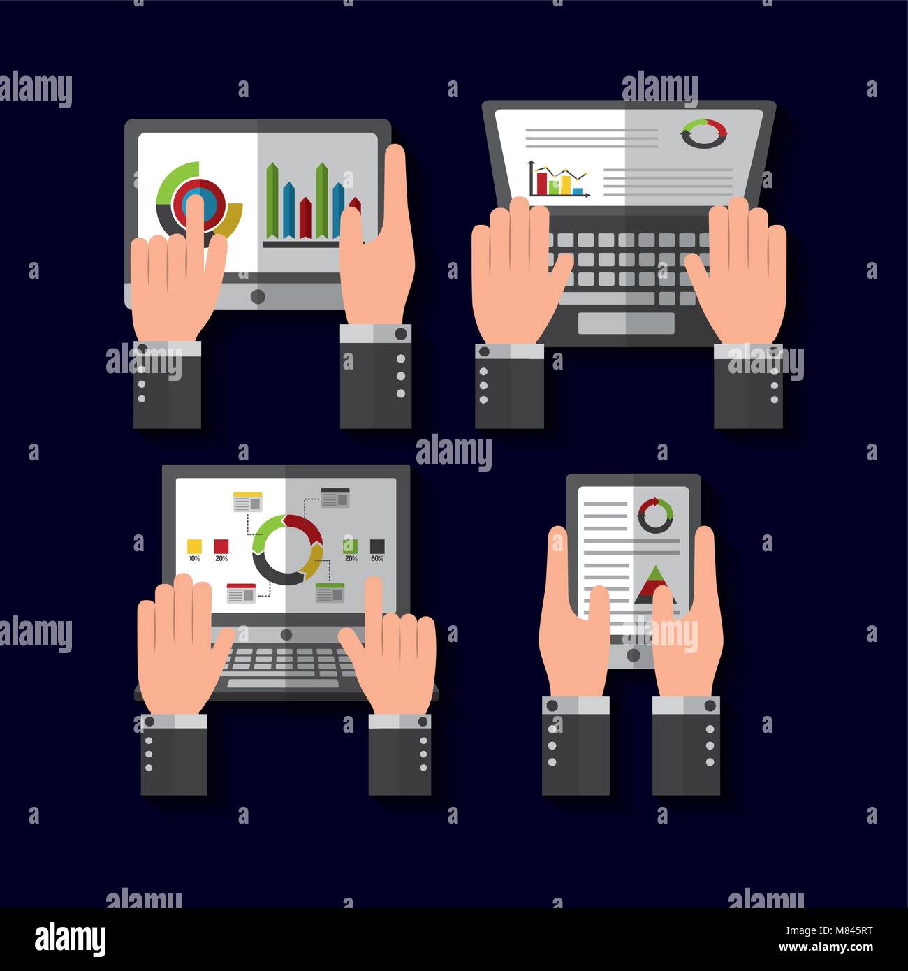 businessman hands holding devices with statistics data vector ...