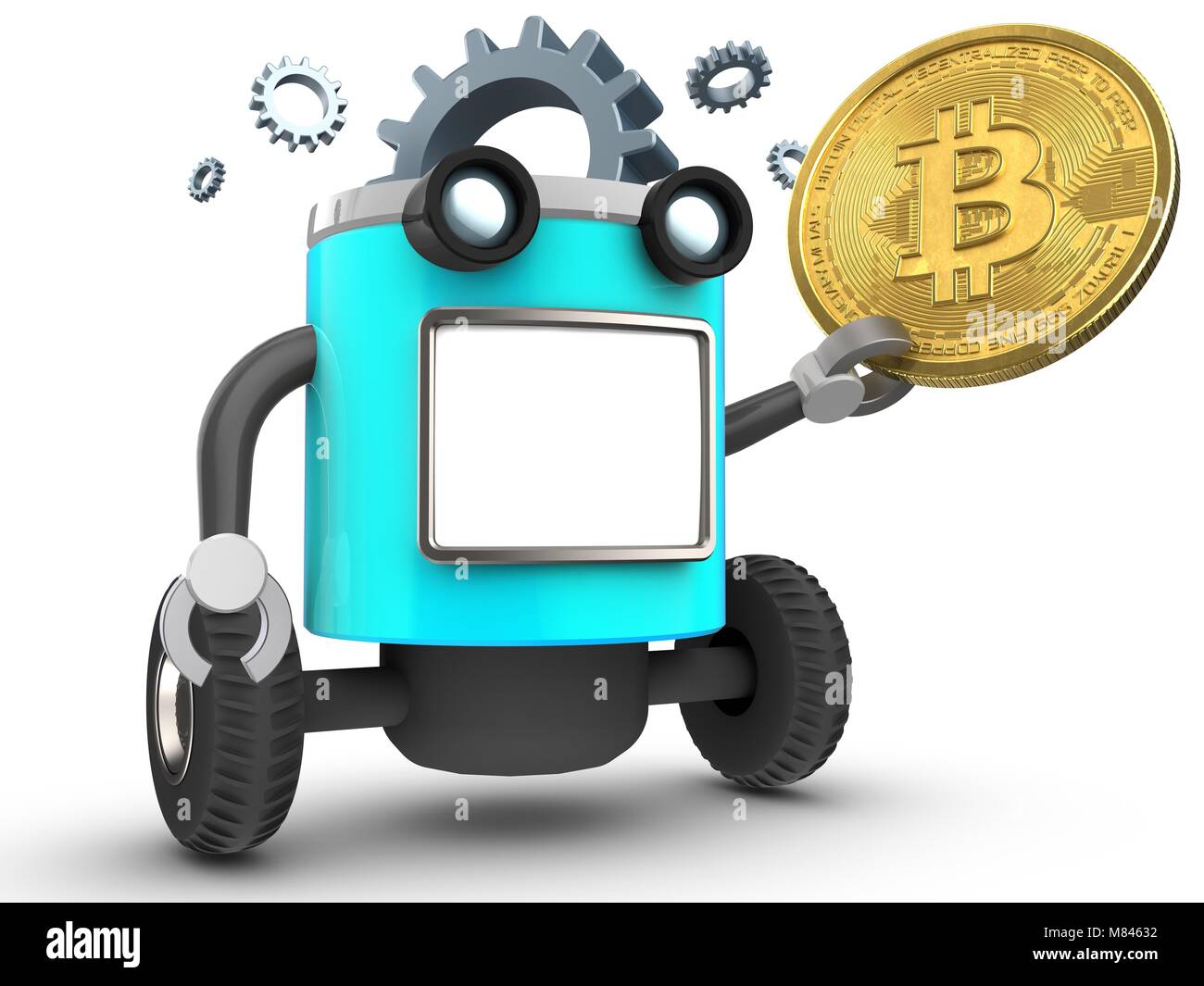 3d illustration of robot with with bitcoin over white background Stock ...