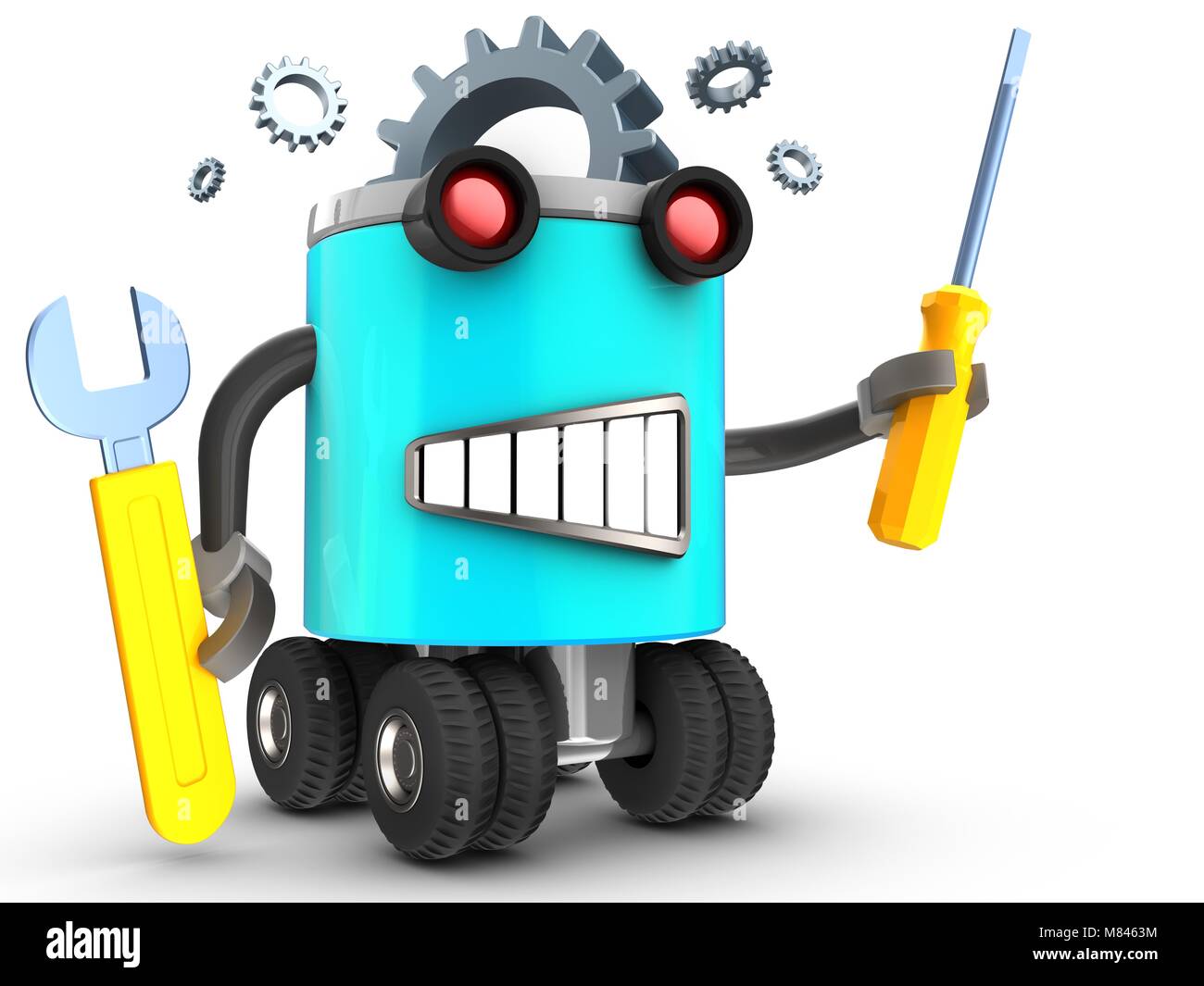 3d illustration of robot with with repair tools over white background ...