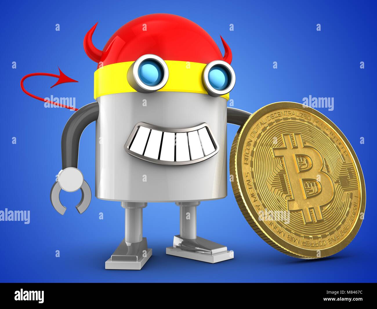 3d illustration of robot with bitcoin over blue background Stock Photo ...