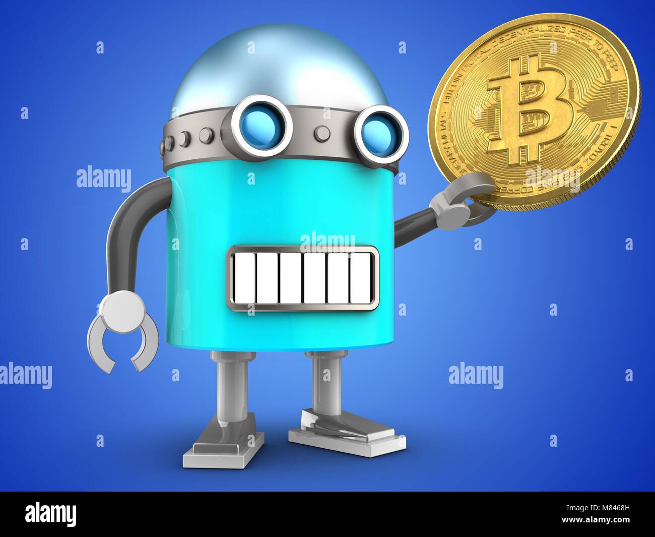 3d illustration of robot with bitcoin over blue background Stock Photo ...