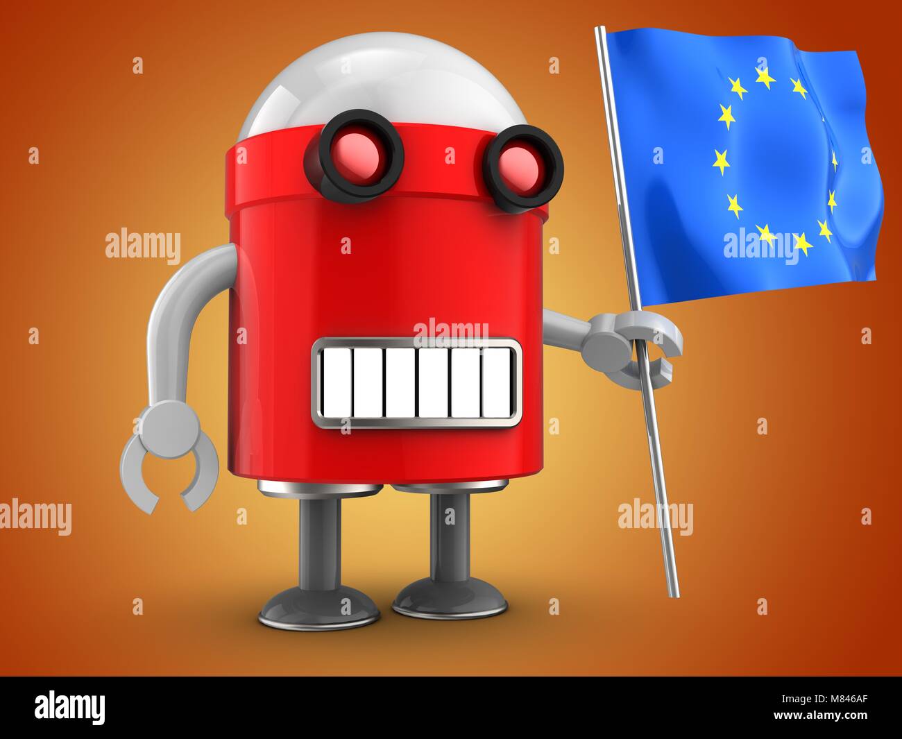 3d illustration of robot with eu flag over orange background Stock ...