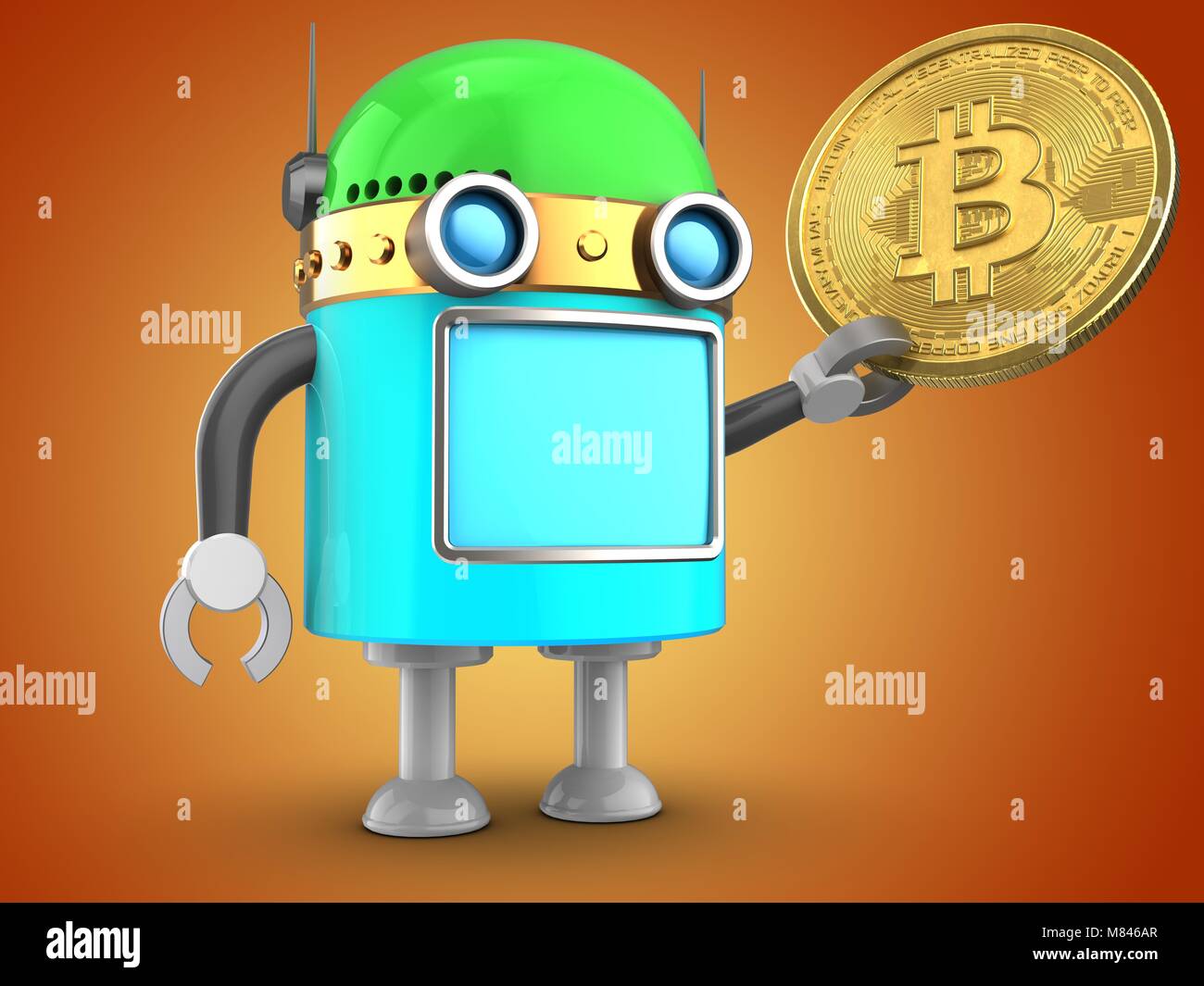 3d illustration of robot with bitcoin over orange background Stock ...