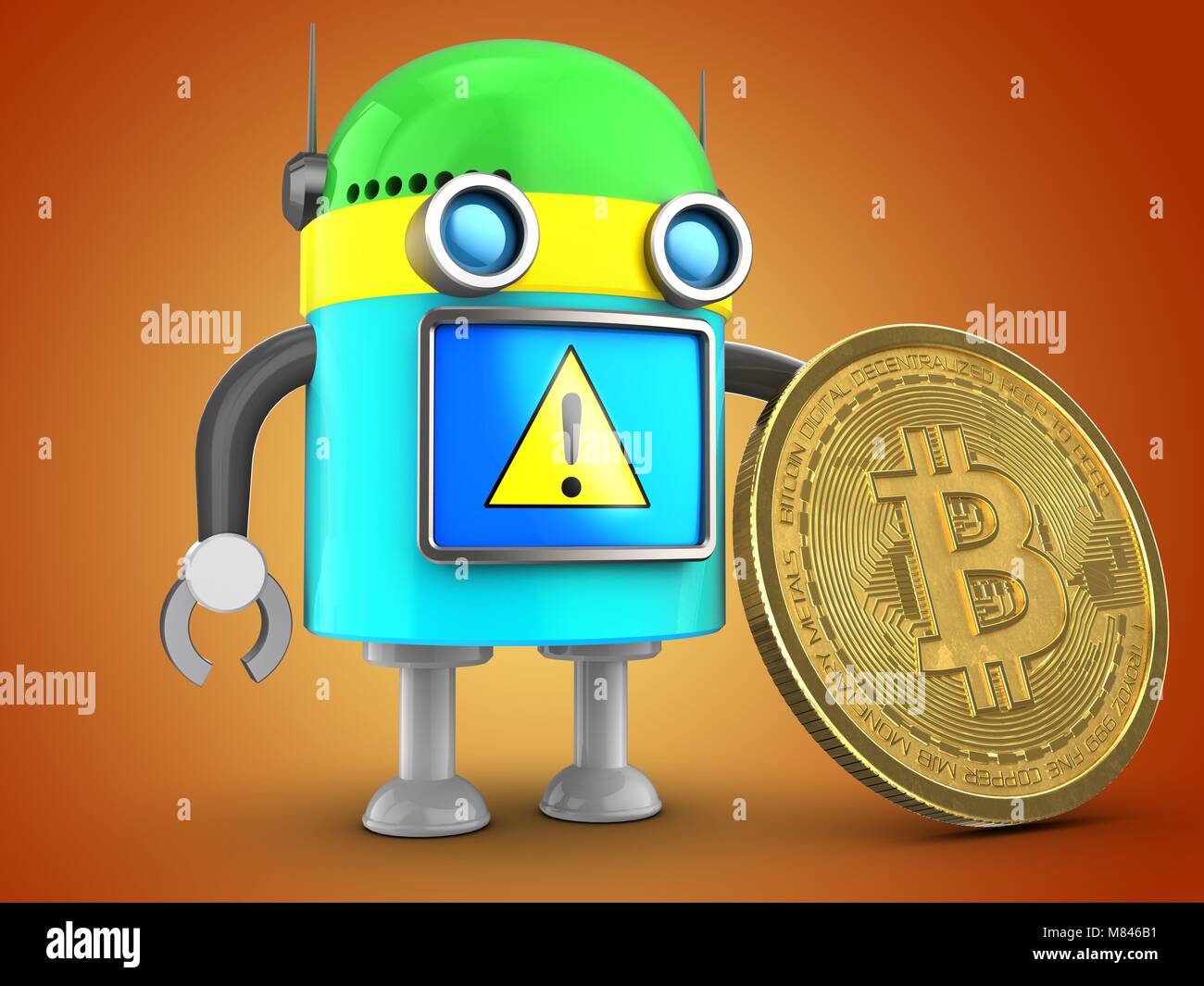 3d illustration of robot with bitcoin over orange background Stock ...