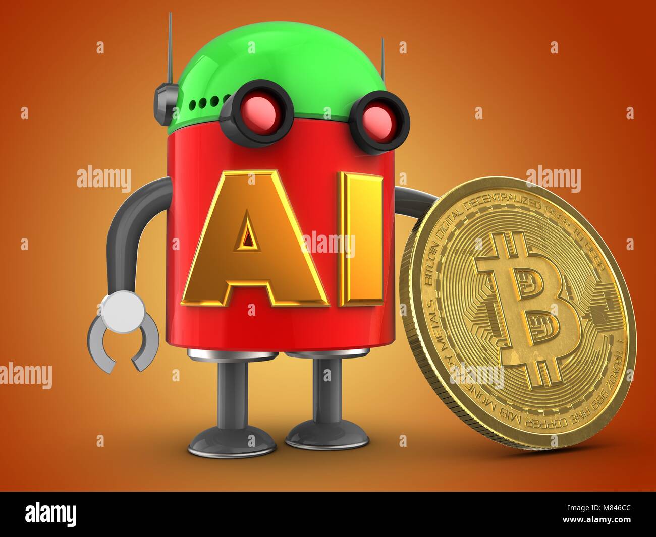 3d illustration of robot with bitcoin over orange background Stock ...