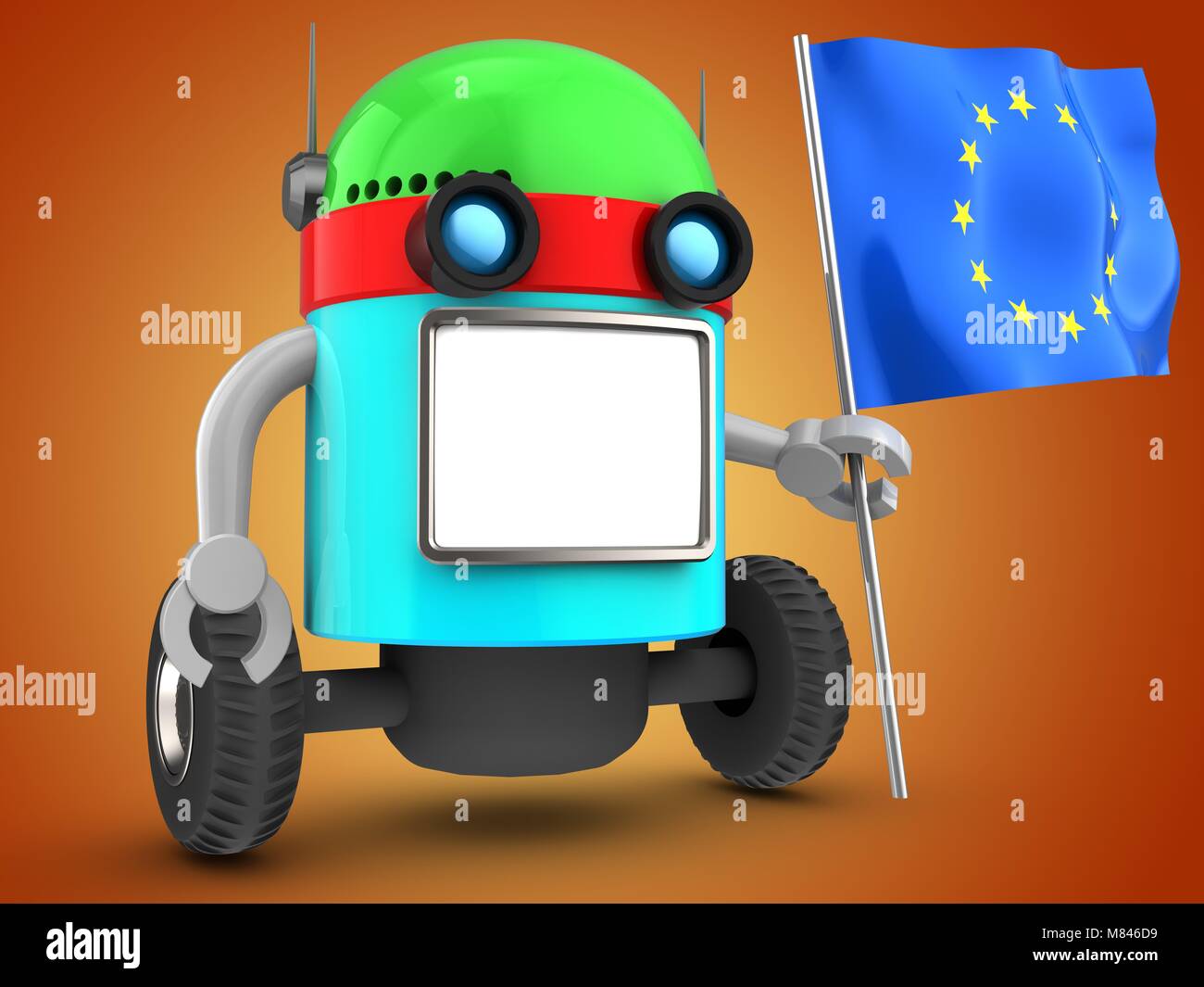 3d illustration of robot with eu flag over orange background Stock ...