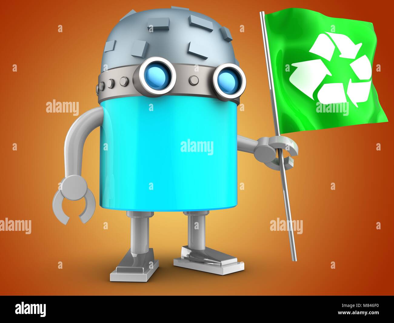 3d illustration of robot with recycled flag over orange background ...