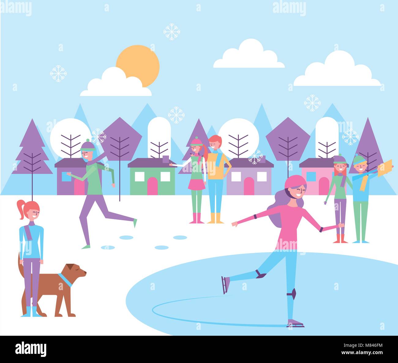people making different activities in the winter landscape vector ...
