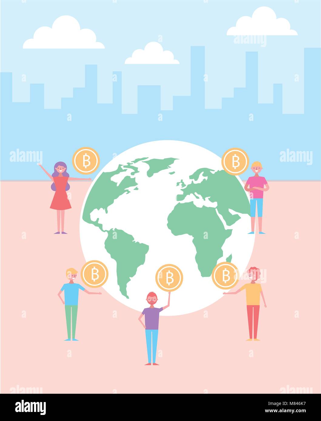 people holding bitcoin in hands around world vector illustration Stock ...