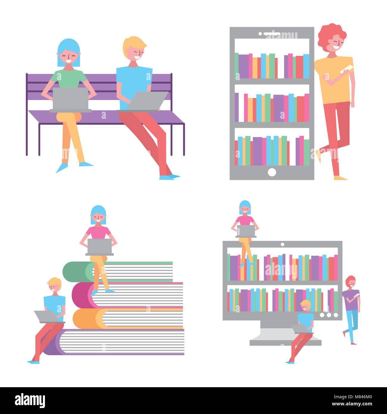 people reading in laptop mobile books online vector illustration Stock ...