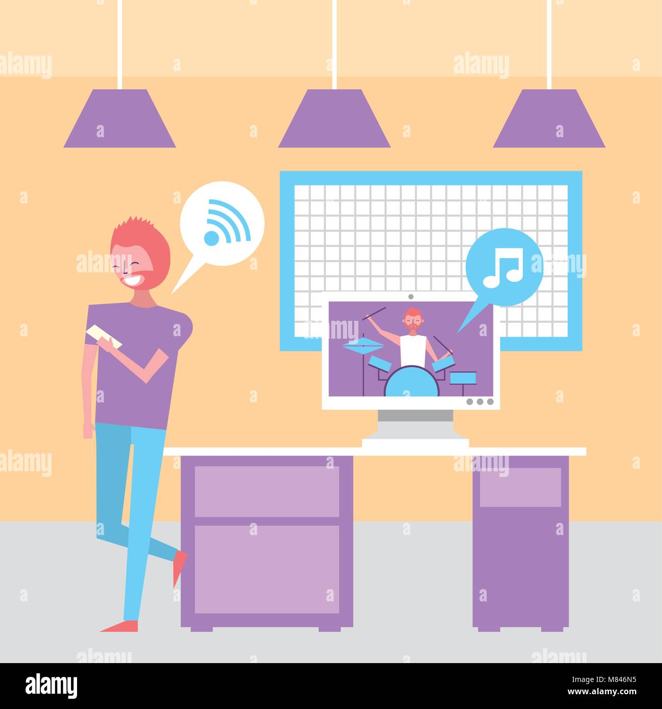 young man listen music online with computer and mobile vector ...