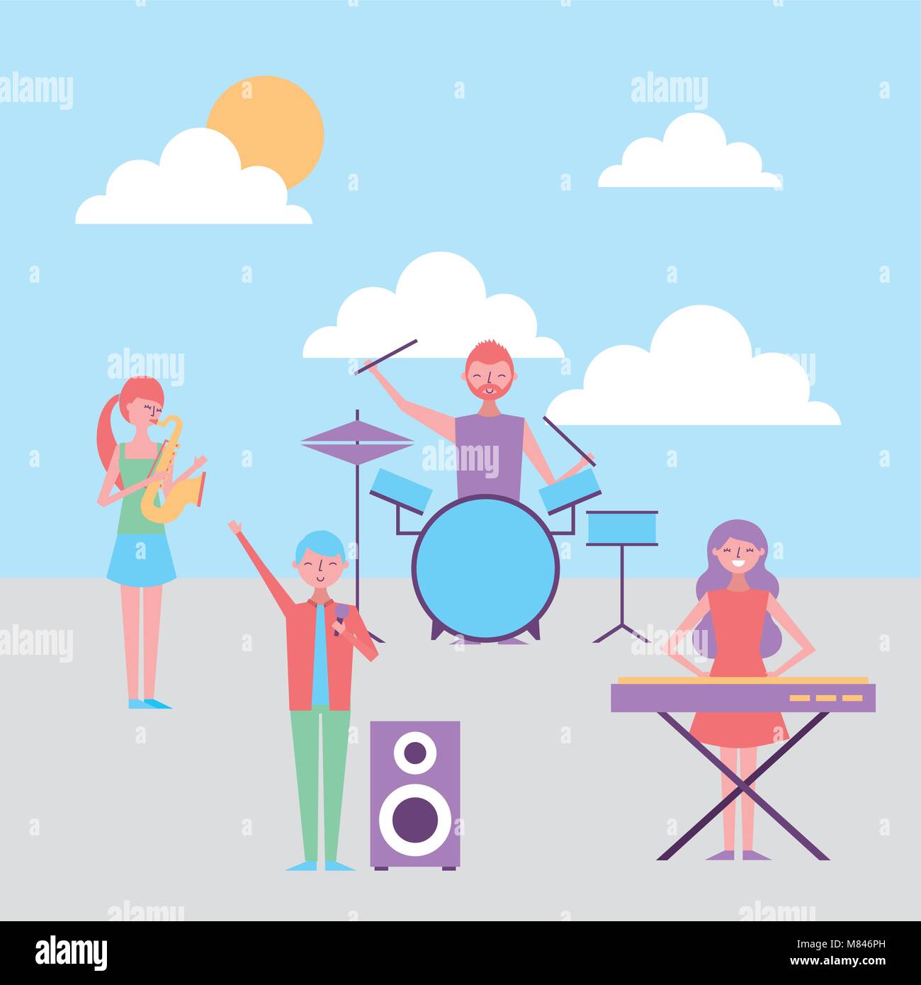 group people band playing musical instruments vector illustration Stock ...