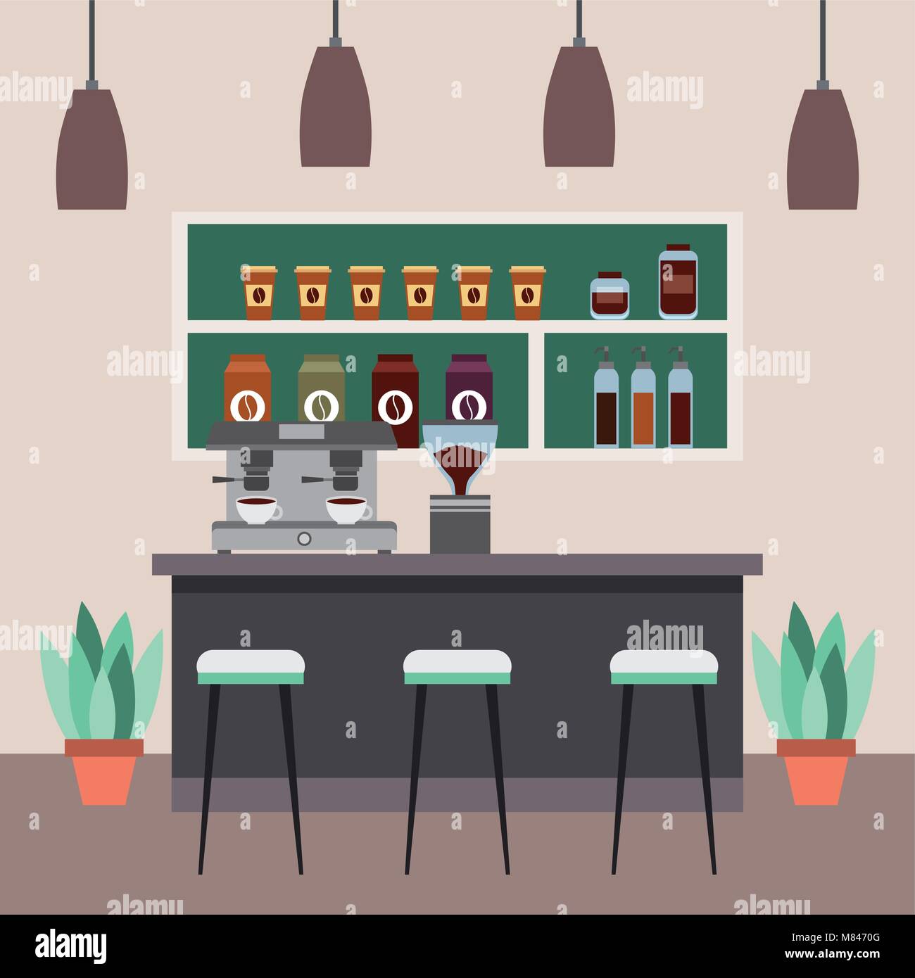 coffee shop interior bar counter espresso machine pot plants vector ...