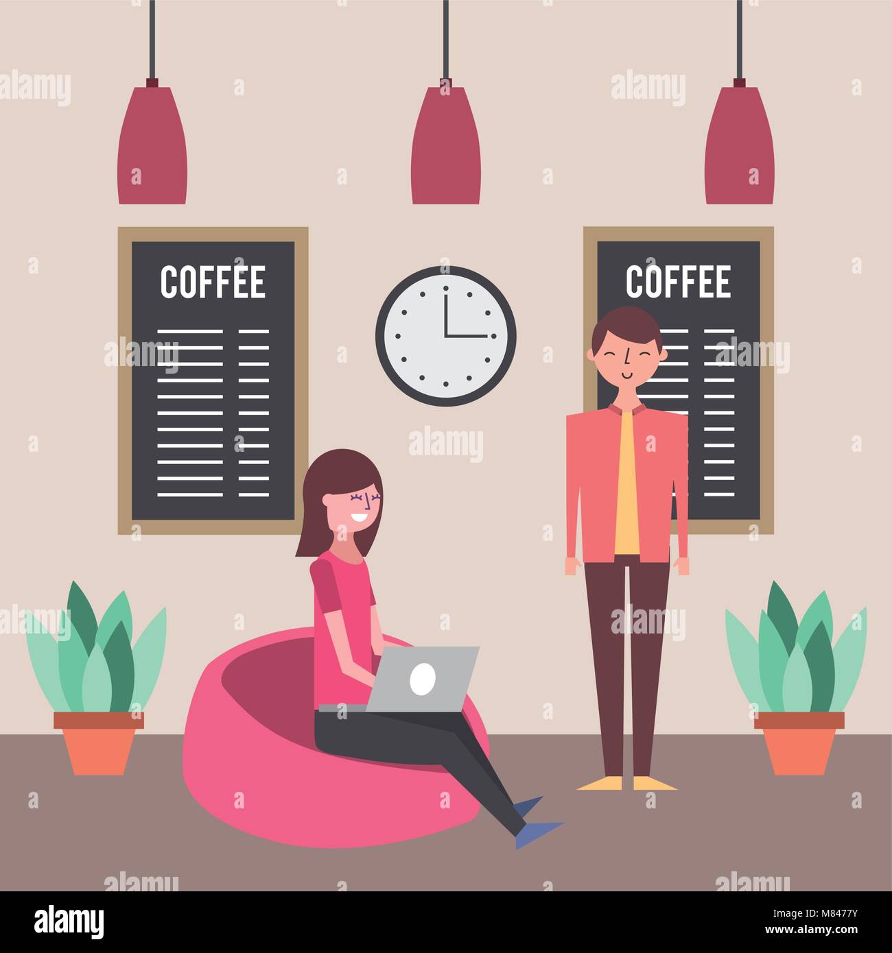young woman using laptop and man in coffee shop vector illustration ...